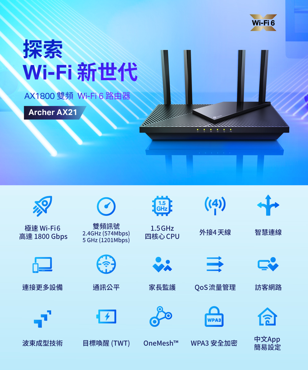 TP-Link Archer AX21 AX1800 雙頻四核CPU WiFi 6 無線網路分享路由器 - PChome 24h購物